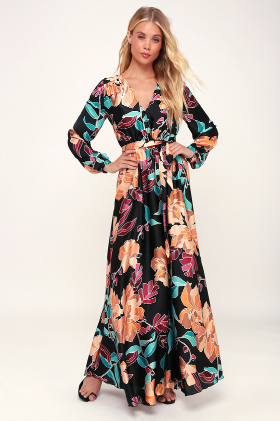 Pretty Black Floral Print Dress Satin Maxi Dress Floral Maxi Lulus