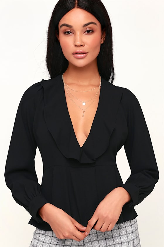 Chic Black Ruffled Top - Long Sleeve Top - Peplum Top - Lulus