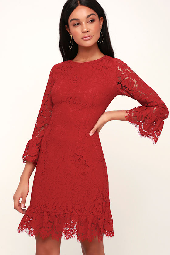 Pretty Red Dress - Lace Dress - Lace Flounce Sleeve Dress - Lulus