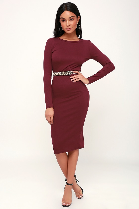 Cute Burgundy Dress Bodycon Dress Midi Dress Ribbed Dress Lulus