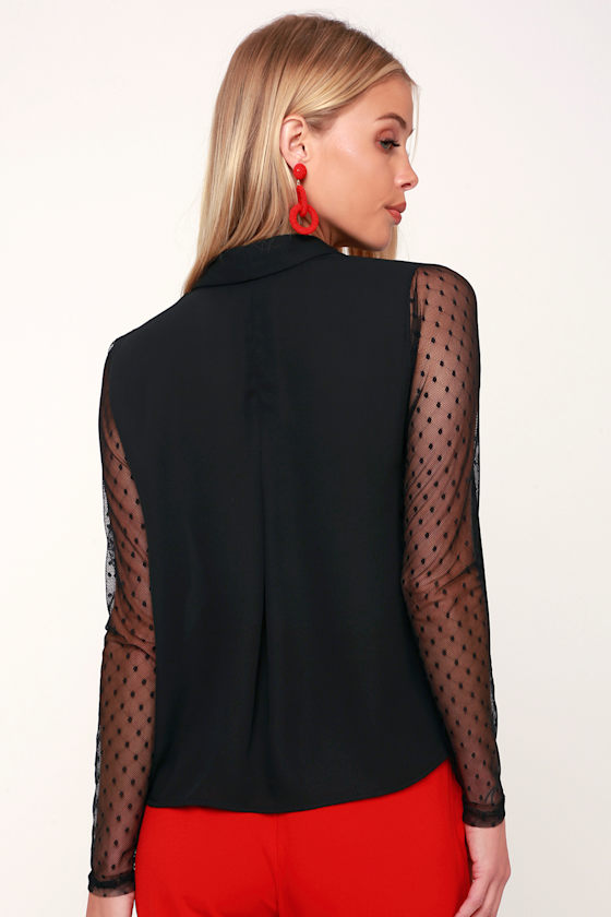 Sexy Black Top - Long Sleeve Top - Swiss Dot Top - Lulus