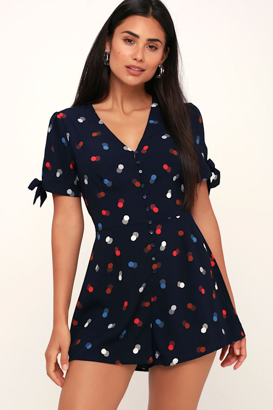 LUSH Romper - Navy Blue Polka Dot Romper - Short Sleeve Romper - Lulus