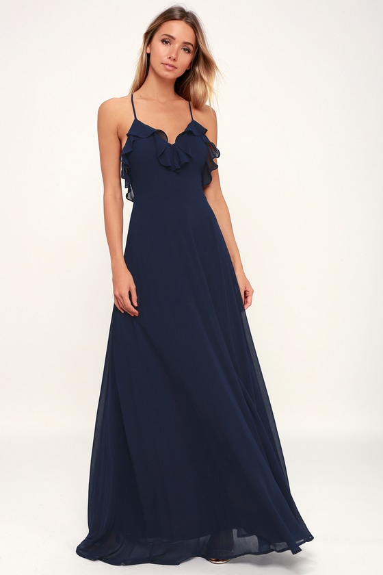 Lovely Navy Blue Dress Ruffled Dress Maxi Dress Gown Lulus