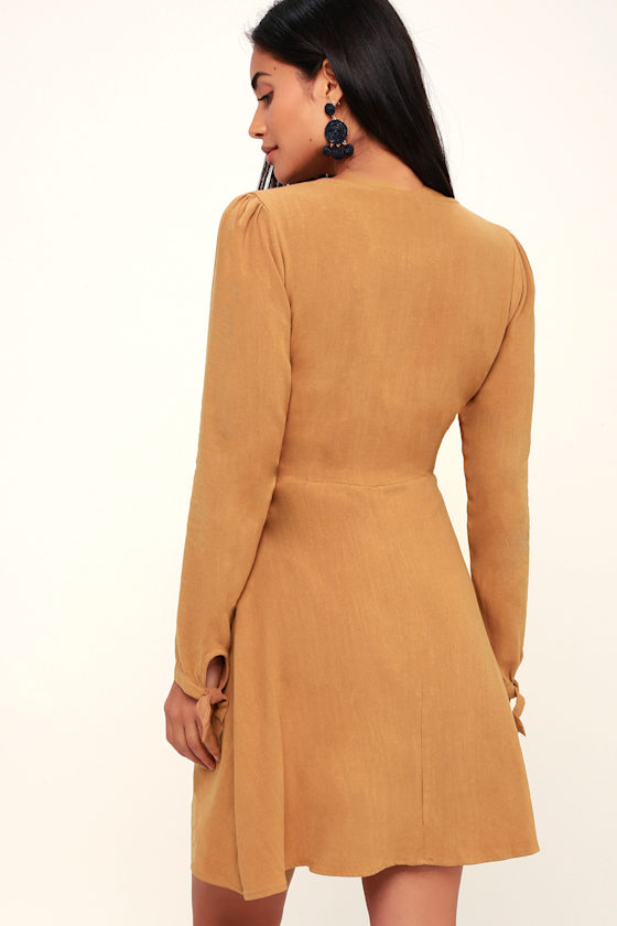 Cute Tan Wrap Dress - Long Sleeve Dress - Woven Dress - Lulus