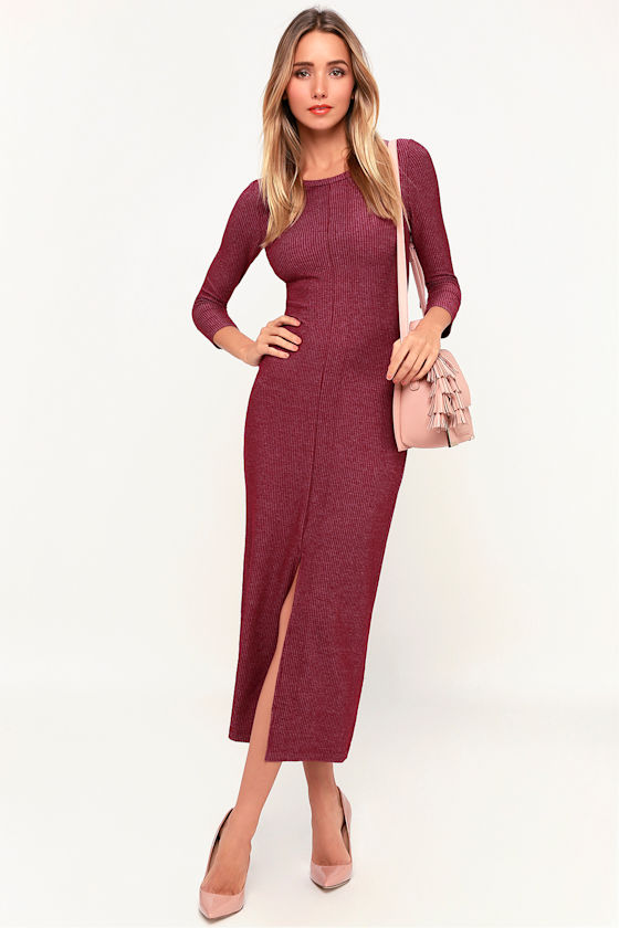 Cute Washed Burgundy Dress - Ribbed Dress - Striped Midi Dress - Lulus