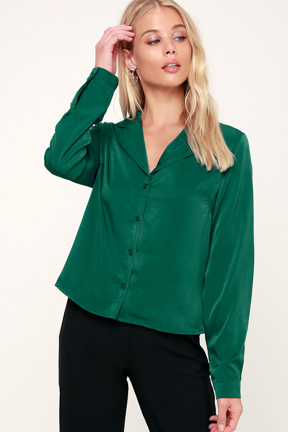 Cute Satin Top - Long Sleeve Top - Green Top - Button Up Top - Lulus