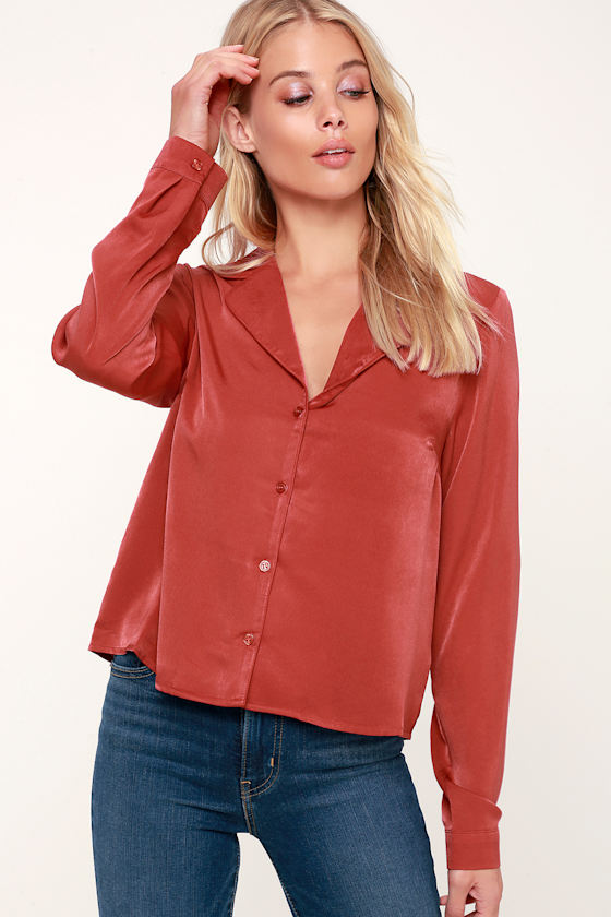 Cute Satin Top - Long Sleeve Top - Rust Red Top - Button Up Top
