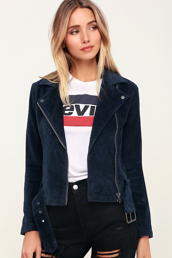 RVCA Drew Cord - Navy Blue Corduroy Jacket - Blue Moto Jacket - Lulus
