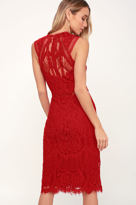 Lovely Lace Dress - Red Dress - Midi Dress - Red Lace Dress - Lulus