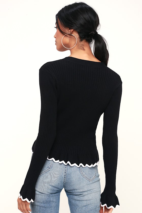 Cute Black Sweater - Ruffled Sweater - Black Ribbed Sweater - Lulus