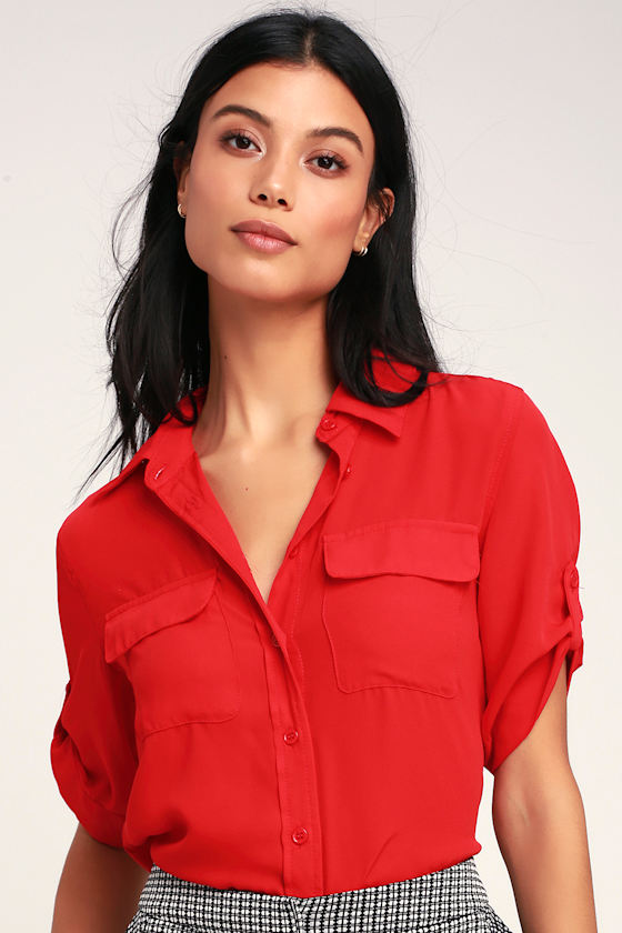 Cute Red Top - Button-Up Top - Short Sleeve Top - Red Blouse - Lulus