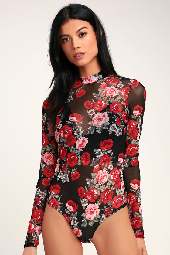 Sexy Black Floral Print Bodysuit Sheer Bodysuit Mesh Bodysuit Lulus