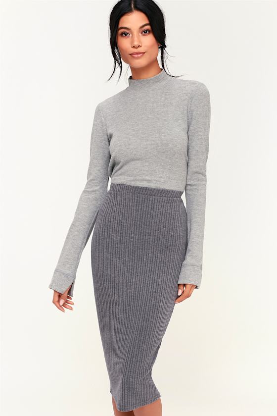O'Neill Candi Skirt - Grey Skirt - Ribbed Knit Skirt - Midi Skirt - Lulus