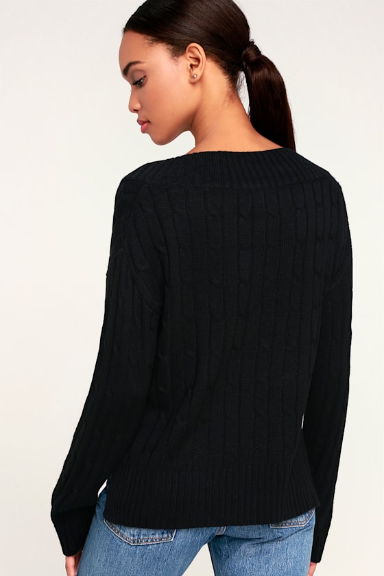 Cute Black Sweater - Cable Knit Sweater - V-Neck Sweater - Lulus