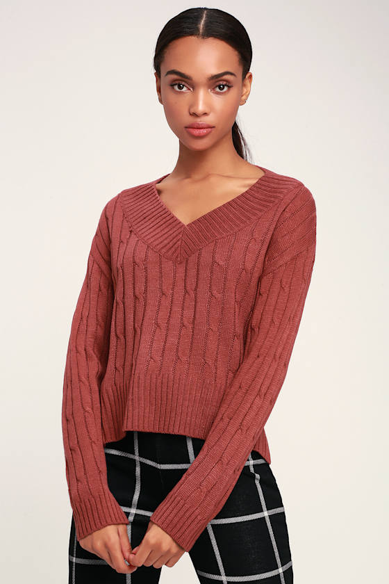 Cute Rusty Rose Sweater - Cable Knit Sweater - V-Neck Sweater - Lulus