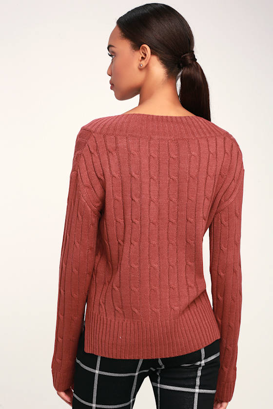 Cute Rusty Rose Sweater - Cable Knit Sweater - V-Neck Sweater - Lulus