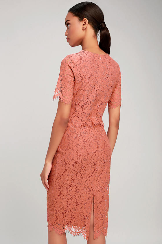 Lovely Lace Dress - Flounce Dress - Rusty Rose Lace - Midi Dress - Lulus