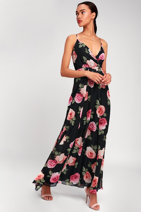Lovely Black Rose Print Dress - Maxi Dress - Backless Maxi Dress - Lulus