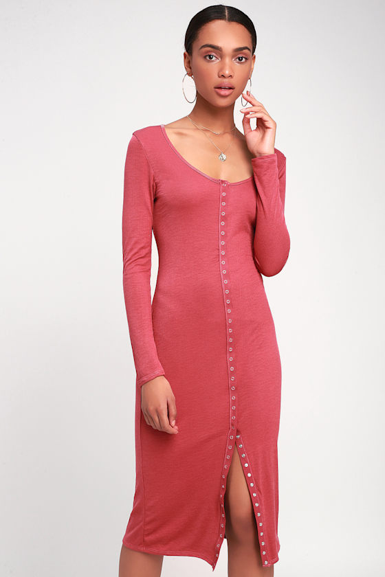 Cute Rusty Rose Dress - Ribbed Midi Dress - Snap Front Dress - Lulus