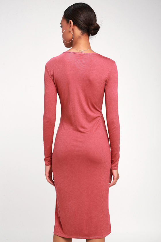 Cute Rusty Rose Dress - Ribbed Midi Dress - Snap Front Dress - Lulus