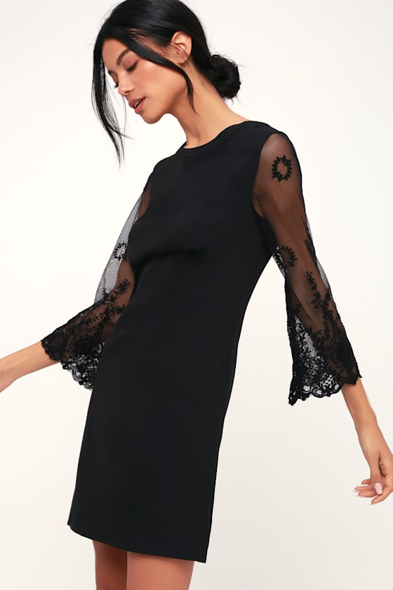 Cute Black Shift Dress - Mesh Sleeve Dress - Embroidered Dress - Lulus