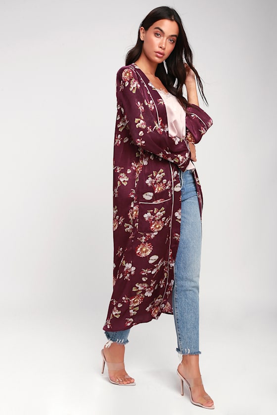 Cute Plum Purple Duster - Floral Print Duster - Satin Duster - Lulus