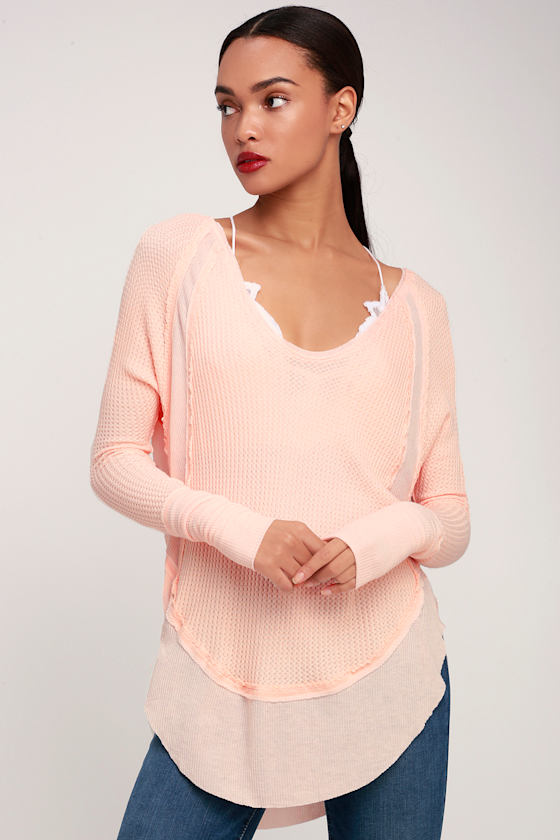 Free People Catalina - Light Peach Top - Thermal Long Sleeve Top - Lulus