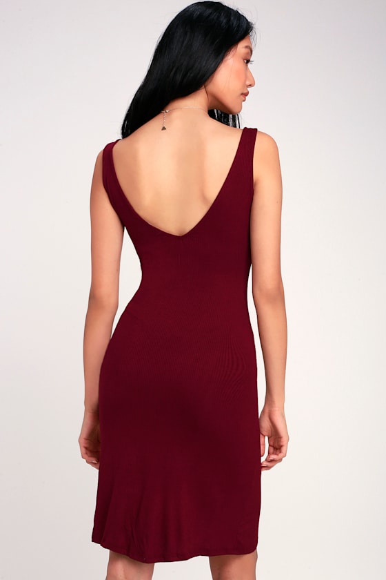 Cute Burgundy Dress - Midi Dress - Ribbed Jersey Knit Dress