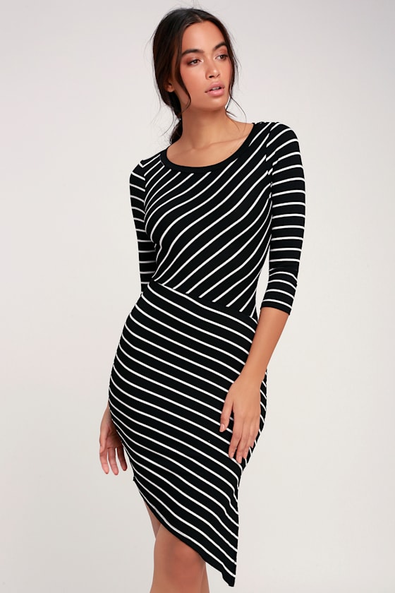 Sexy Black Striped Dress - Asymmetrical Dress - Bodycon Dress - Lulus