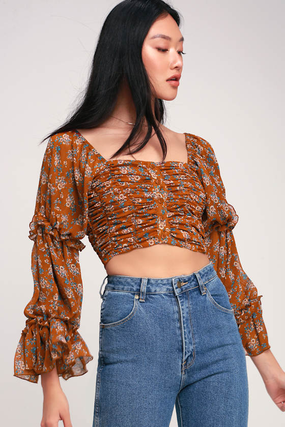 Boho Crop Top - Ruched Crop Top - Ruffle Sleeve Crop Top - Lulus