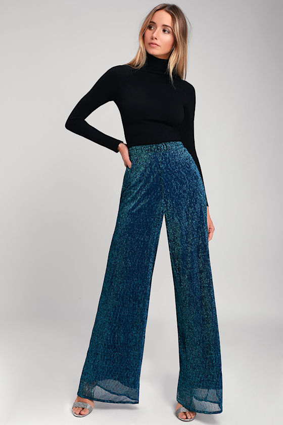 Metallic Blue Pants - Wide-Leg Pants - Blue Pants - Woven Pants - Lulus