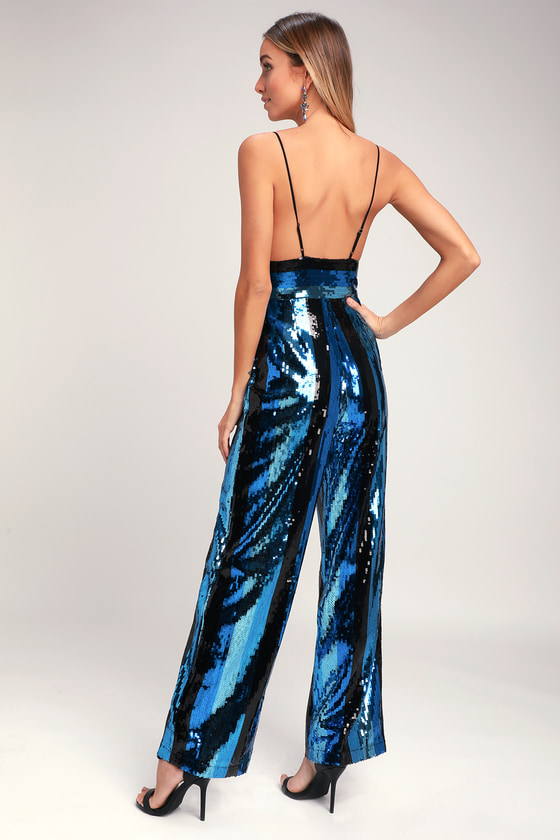 Glam Blue Jumpsuit Striped Sequin Jumpsuit Sequin Jumpsuit Lulus