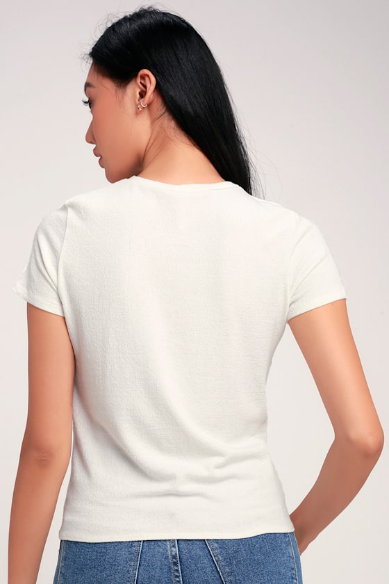 Lulus Basics - Cream Top - Tie-Front Top - Tee - Short Sleeve Tee