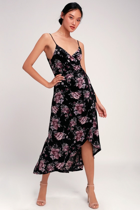 Black Floral Print Dress Velvet Dress High Low Wrap Dress Lulus