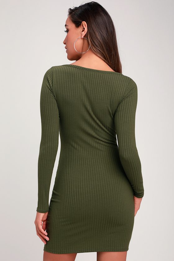 Chic Olive Green Dress - Ribbed Knit Dress - Bodycon Dress - Lulus