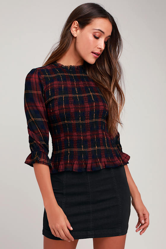 Cute Navy Blue Plaid Top - Smocked Top - Three-Quarter Sleeve Top - Lulus