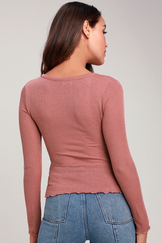 Cute Mauve Pink Top Long Sleeve Top Notched Top