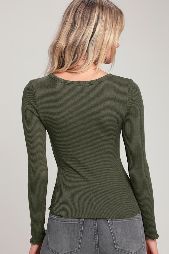 Cute Olive Green Top - Long Sleeve Top - Notched Top - Lulus