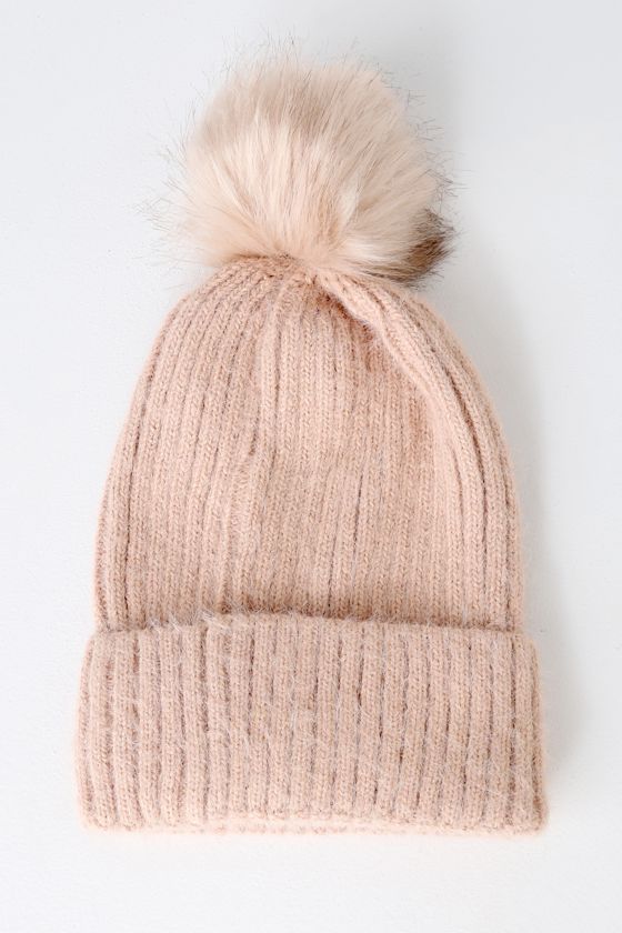 Cute Blush Pink Beanie - Knit Beanie - Fur Pom Pom Beanie - Lulus