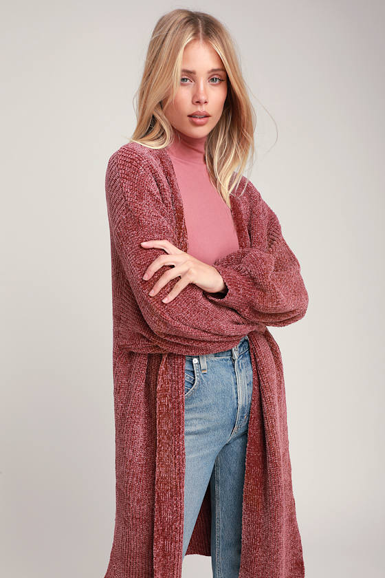 Cozy Rusty Rose Sweater - Chenille Cardigan - Long Cardigan - Lulus