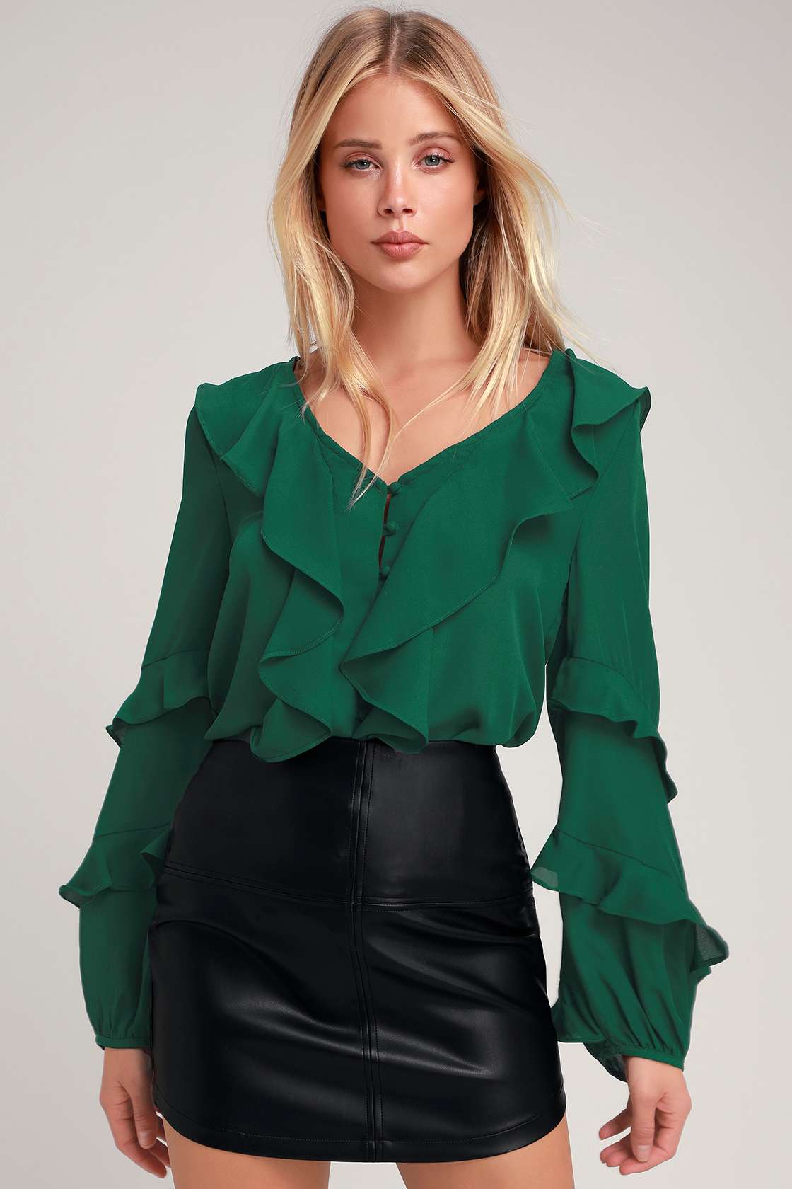 Cute Dark Green Blouse - Ruffle Top - Ruffled Button-Up Top - Lulus