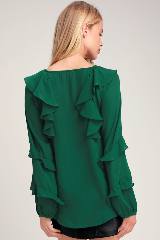 Cute Dark Green Blouse - Ruffle Top - Ruffled Button-Up Top - Lulus
