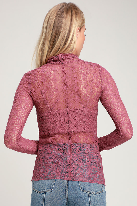 Free People Sweet Memories - Mauve Lace Top - Lace Turtleneck Top