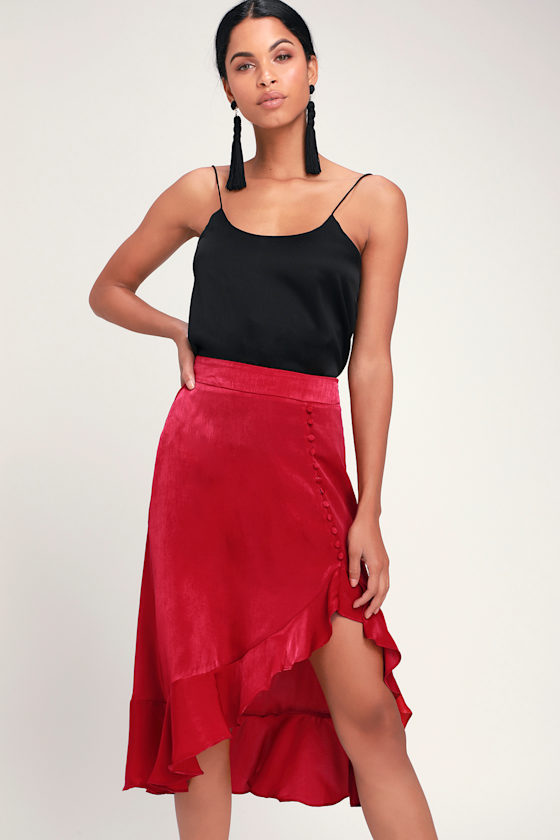 Chic Berry Red Skirt - Ruffled Midi Skirt - Button Front Skirt - Lulus