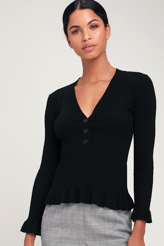 Cute Black Sweater Top - Ruffled Sweater - Ribbed Sweater - Lulus