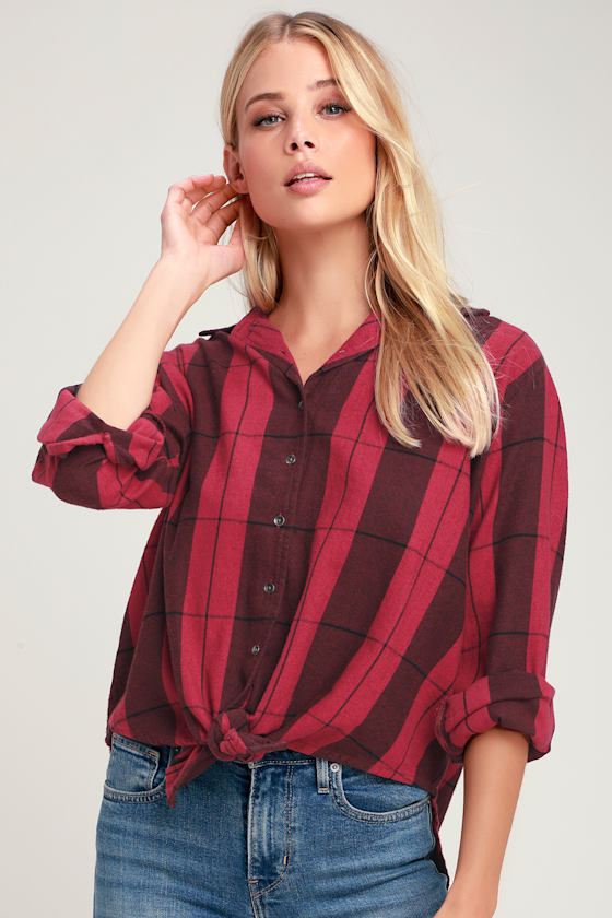 Billabong Cozy Down - Red Plaid Long Sleeve Top - High-Low Top - Lulus