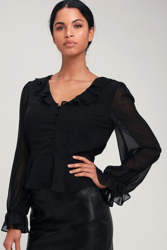 Chic Black Top Peplum Top Button Up Top Long Sleeve Top Lulus