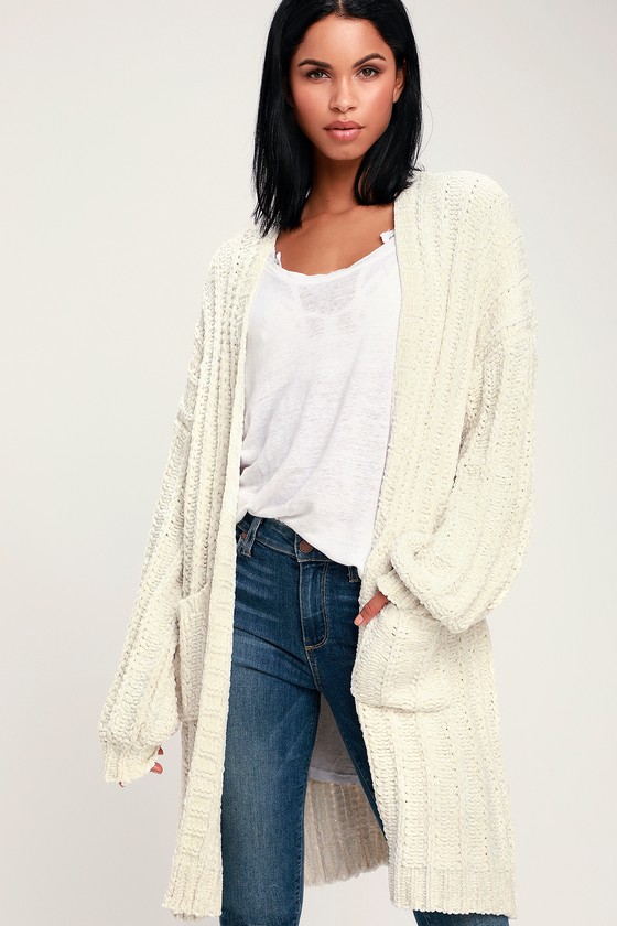 Cute Ivory Sweater Long Cardigan Sweater Chenille Sweater Lulus
