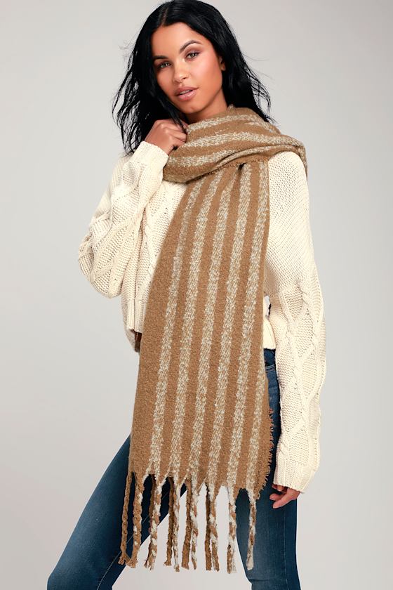 Cool Light Brown Scarf - Fuzzy Scarf - Striped Scarf - Lulus