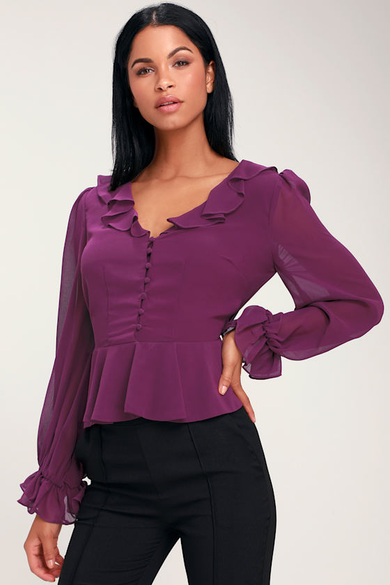 Chic Purple Top - Peplum Top - Button-Up Top - Long Sleeve Top - Lulus